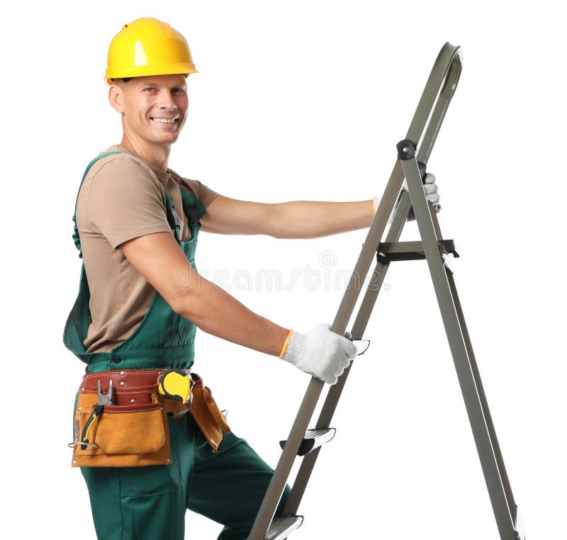 Constructor Climbing Stepladder Doing House Renovation. Builder in ...