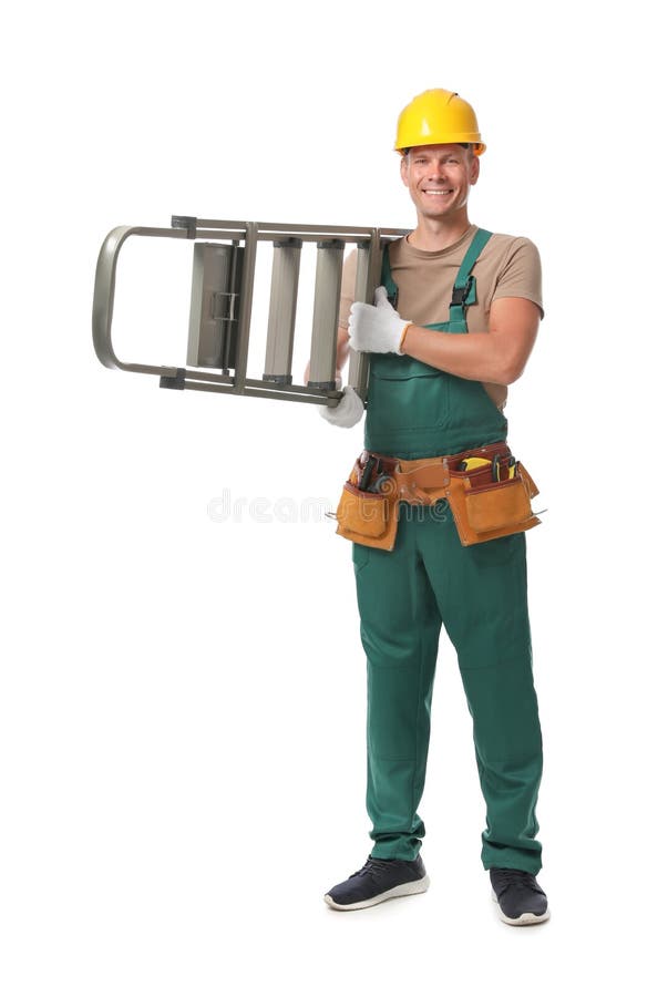 Professional Constructor with Ladder on White Background Stock Image ...