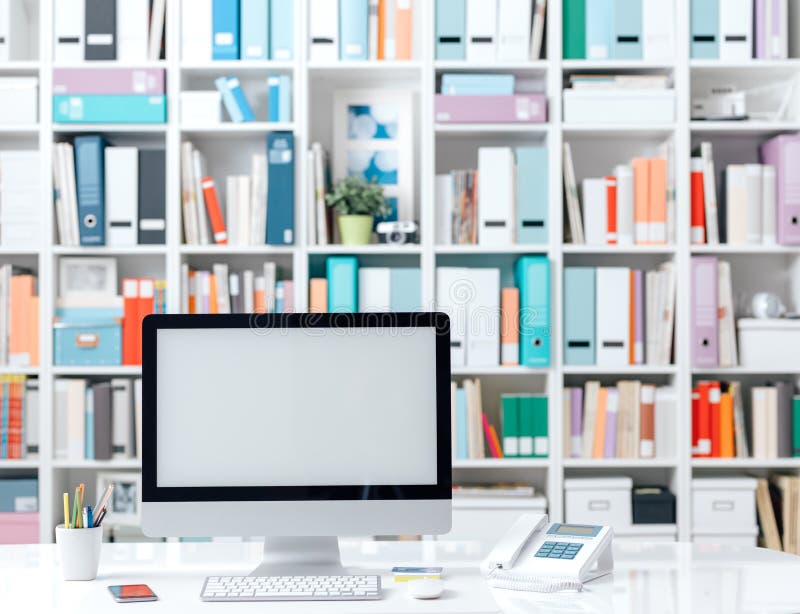 Professional Workspace with Computer and Shelves Stock Image - Image of ...