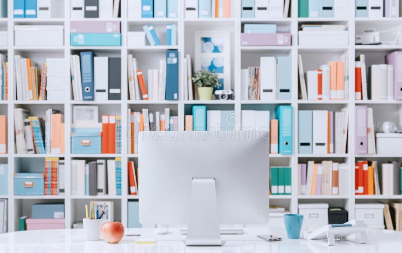Professional Workspace with Computer and Shelves Stock Image - Image of ...