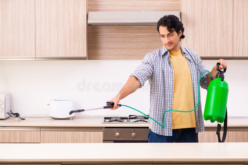 The Professional Contractor Doing Pest Control at Kitchen Stock Image ...