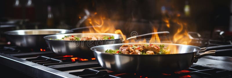 Professional Cooking Concept. Frying Pan with Fire Flames on Stove ...