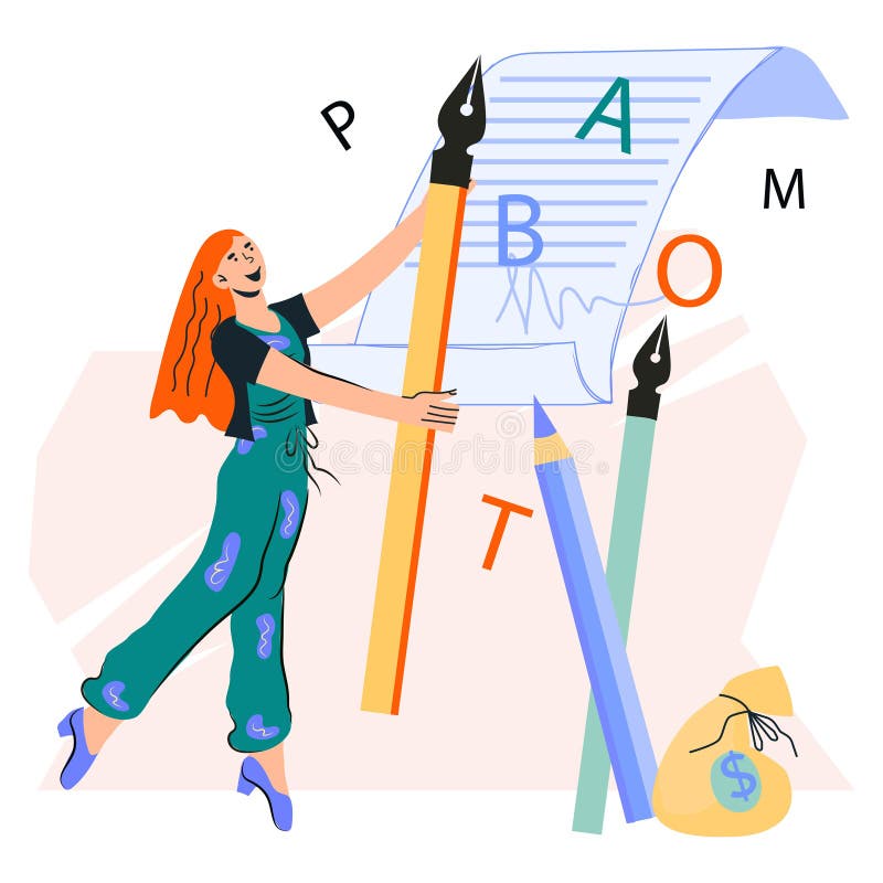 Professional Copywriter Female Character Writing Article, Flat Cartoon ...