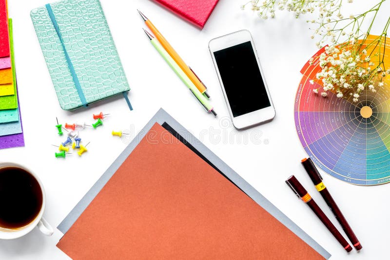 Professional Creative Graphic Designer Desk on White Background Stock ...