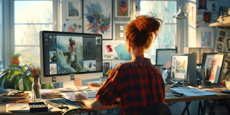 Creative Graphic Designer Working on Computer while Designing Product ...