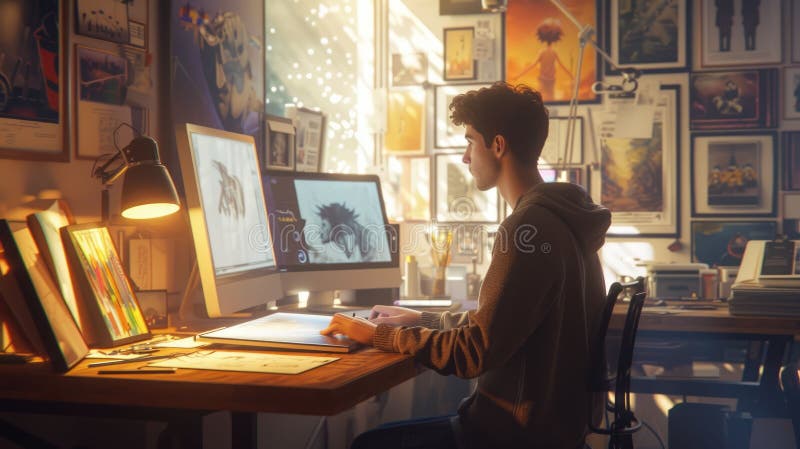 Creative Graphic Designer Working on Computer while Designing Product ...