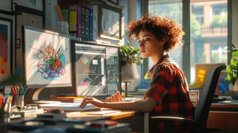 Creative Graphic Designer Working on Computer while Designing Product ...