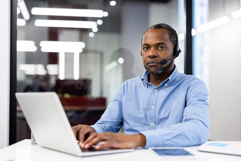 Professional Customer Service Representative Wearing Headset Working on ...