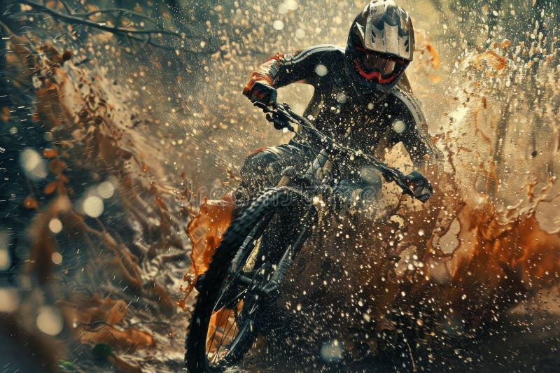 Professional Cyclist is Riding Mtb Bike in Muddy Puddle and Creating ...