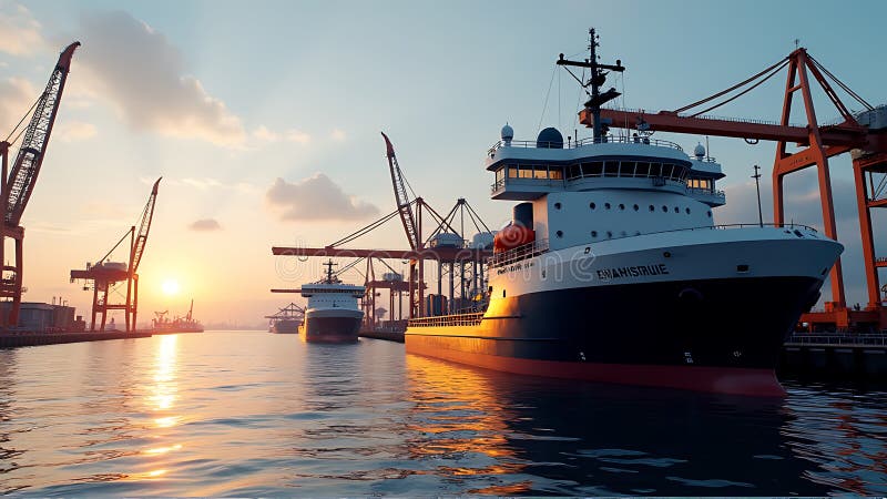Professional 3d Model Cargo Ship at Sunset in Port. Stock Illustration ...