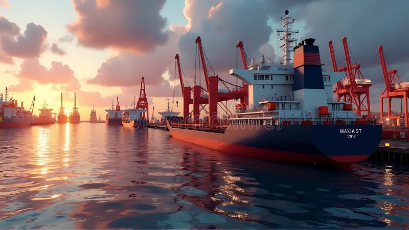 Professional 3d Model Cargo Ships at Sunset in Port. Stock Illustration ...