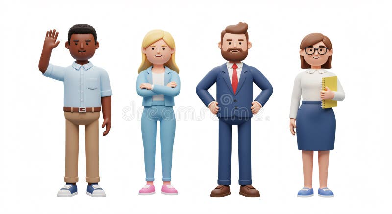 Professional 3D Render of Diverse Team of Four Cartoon Characters in ...