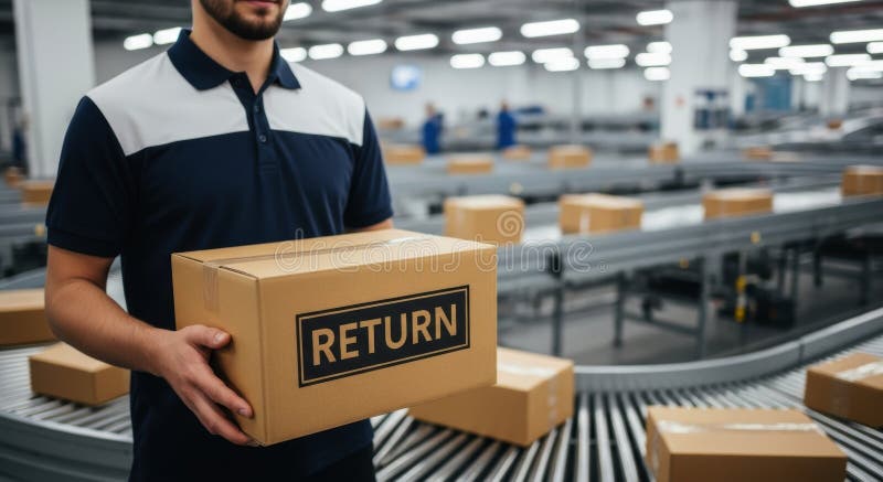 Professional Delivery Man Holding a Brown Cardboard Box Labeled Return ...