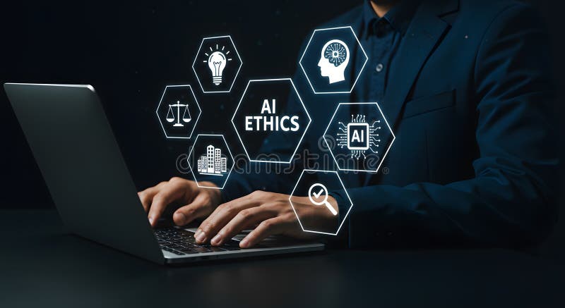 A Professional Navigating AI Ethics on Laptop for Responsible Business ...