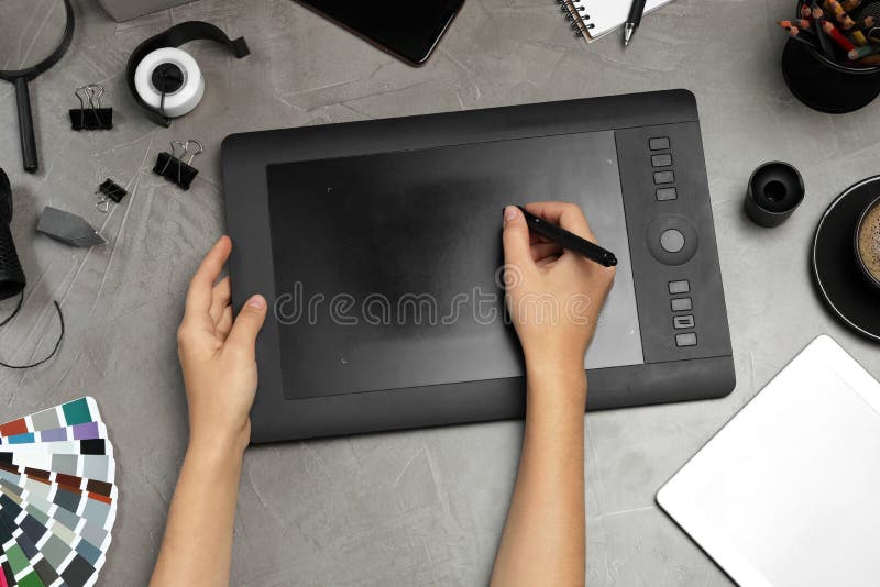 Professional Designer Drawing with Graphic Tablet at Stone Table, Top ...