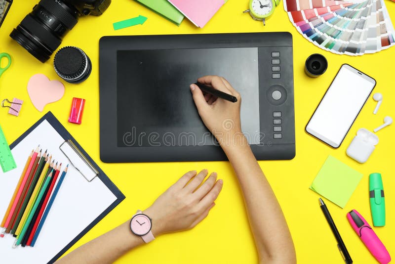 Professional Designer Drawing with Graphic Tablet at Table, Top View ...