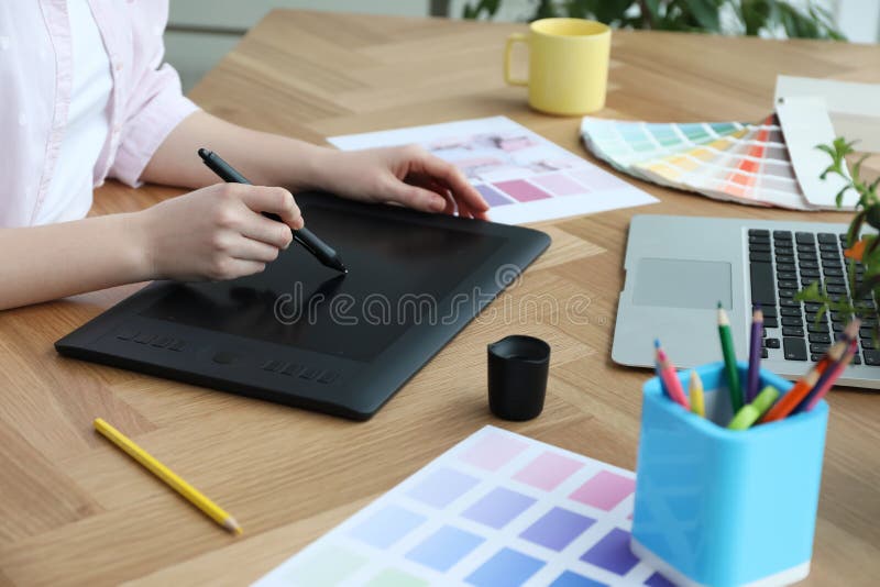 Professional Designer with Graphic Tablet at Wooden Table, Closeup ...