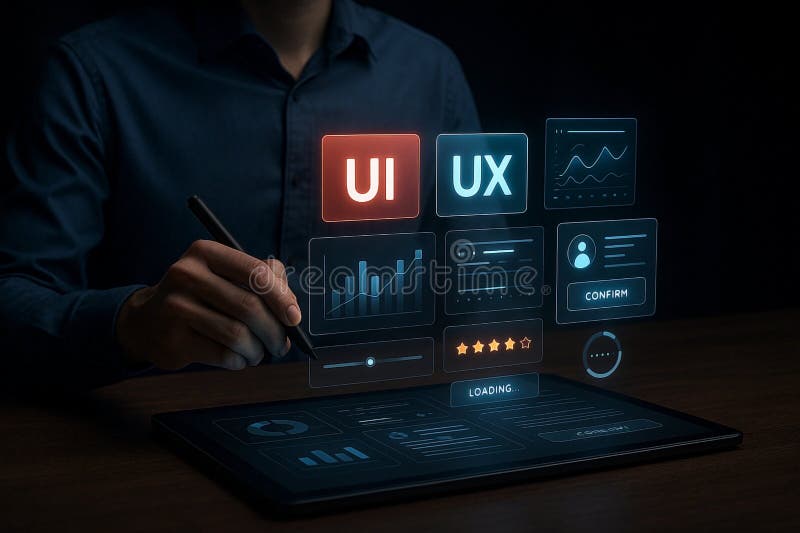 Professional Designer Using Stylus on a Tablet with Floating UI UX ...