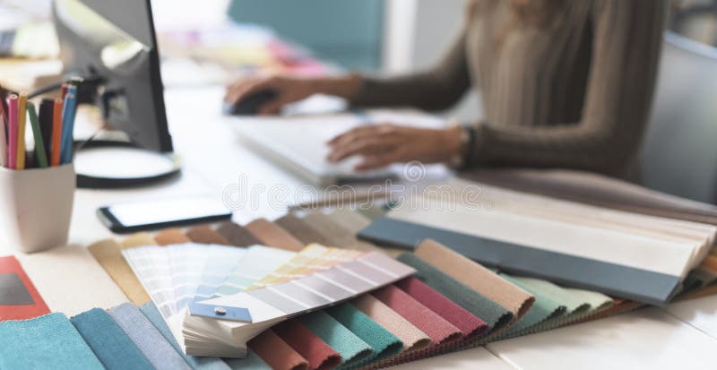 Designer Working with Her Computer in Her Studio Stock Photo - Image of ...