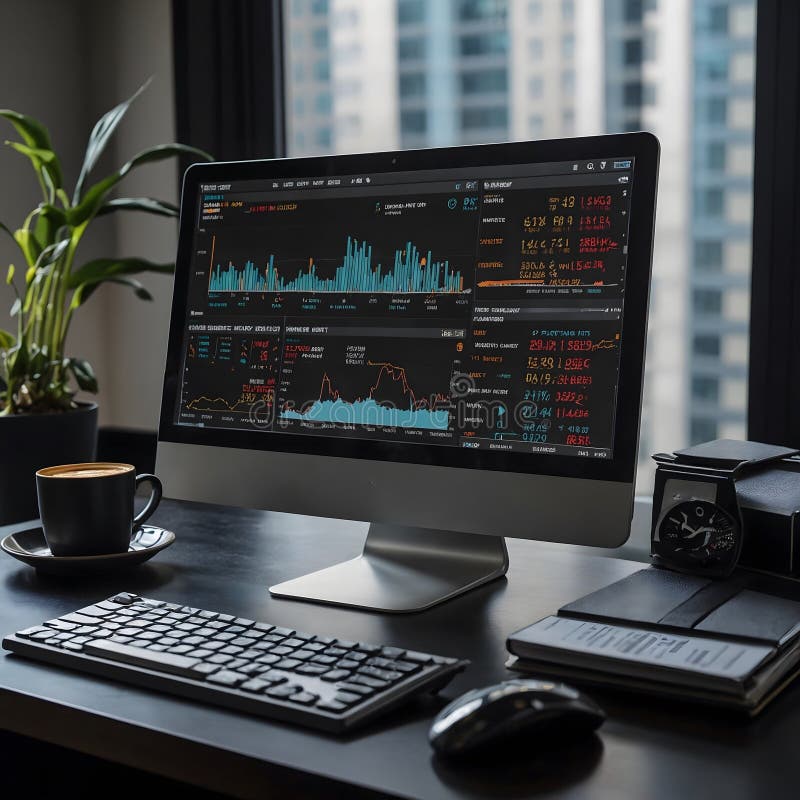 Professional Desk Setup with Computer Monitor and Graphs in a Data Analytics Workspace Stock ...