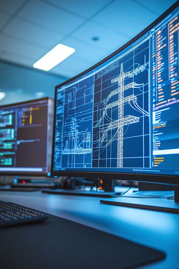 Professional Desktop Setup with a CAD Blueprint of a Power Station and ...