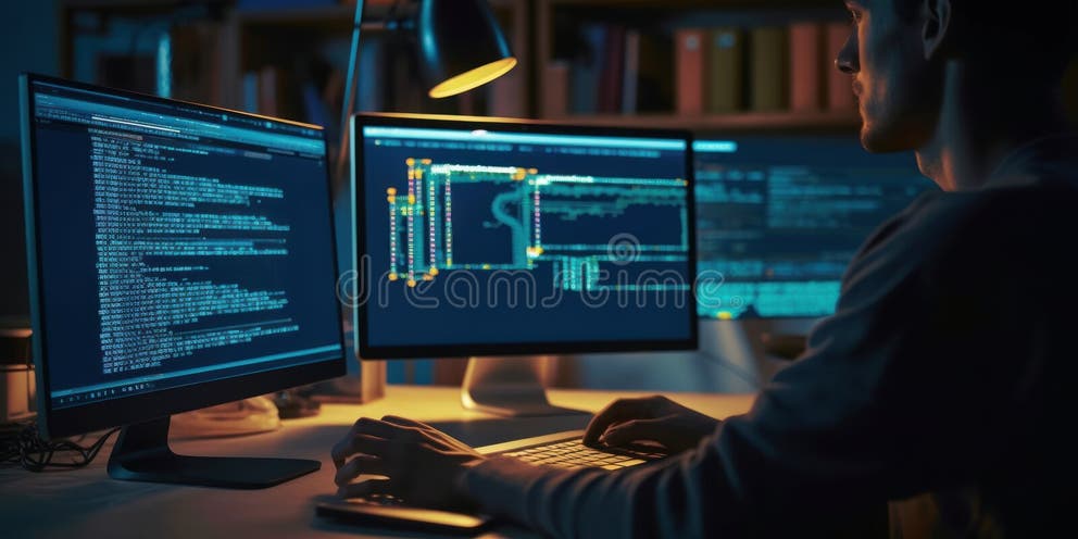 Professional Development Programmer Typing on a Laptop Computer Keyboard. Screens Show Coding ...