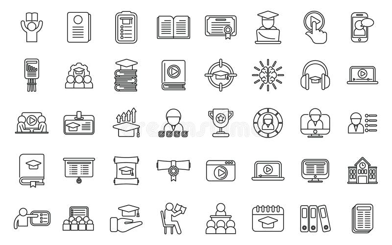 Professional Development of Teachers Icons Set Outline Vector. Webinar ...