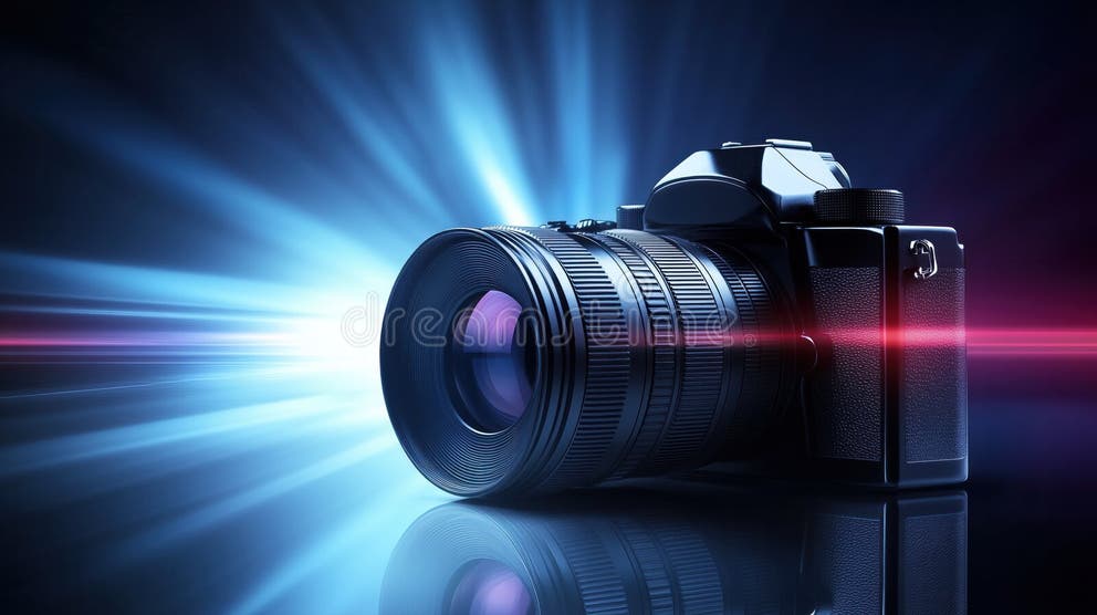 Professional Digital Camera Capturing Light Beams in Studio Stock Image ...