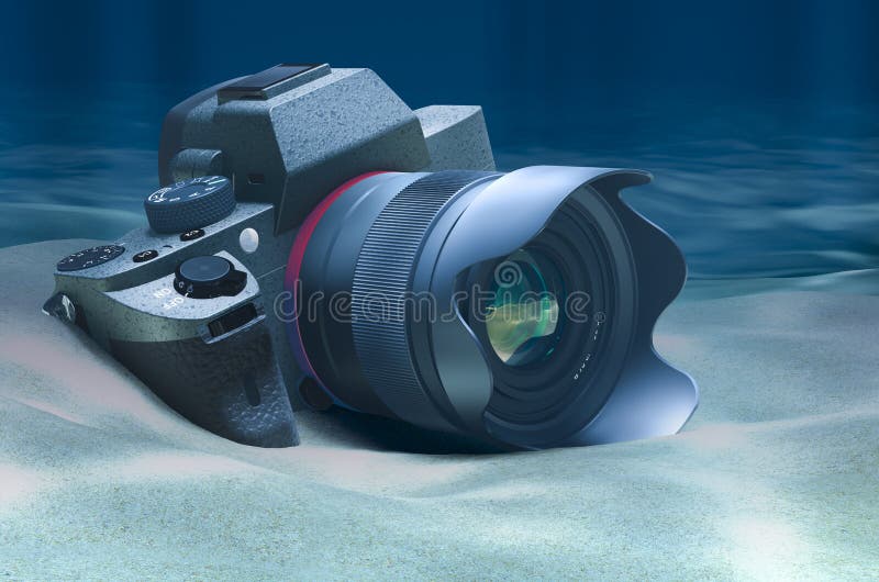 Professional Digital Camera on Ocean Bottom Underwater, 3D Rendering ...