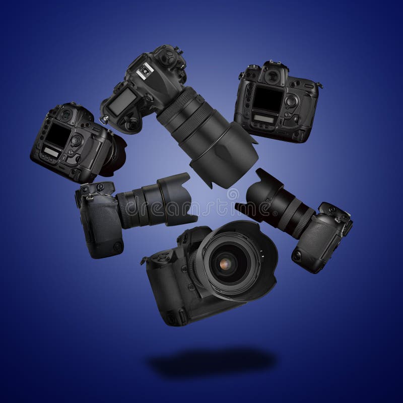 Professional Digital Lens Reflex Camera on Blue Radial Gradient Stock ...