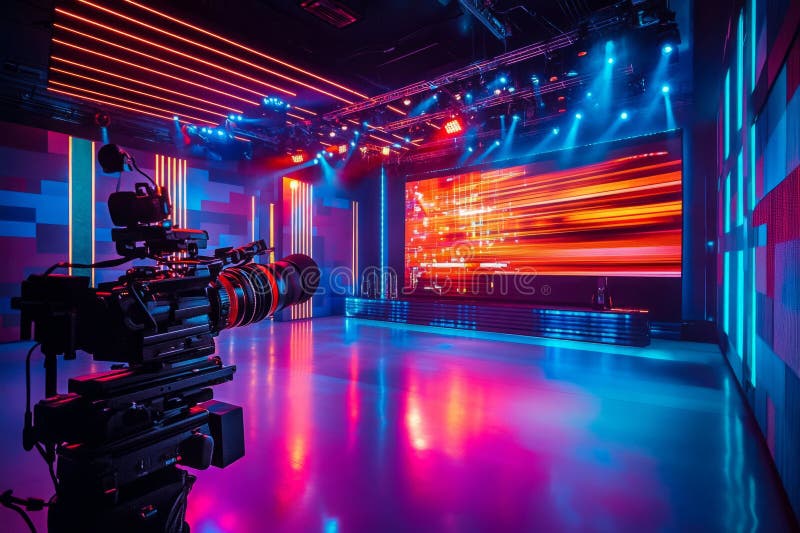 Professional Digital Video Camera Recording a Live Event in a Colorful ...