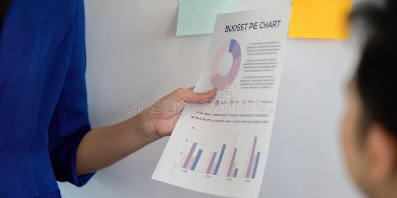 Professional Discussing Budget Pie Chart and Financial Data in a ...