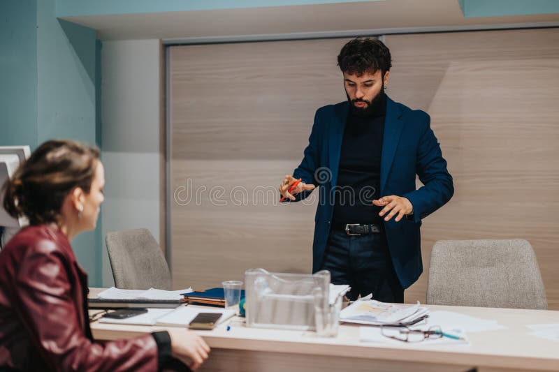 Professional Discussion between Colleagues in a Modern Office Setting ...