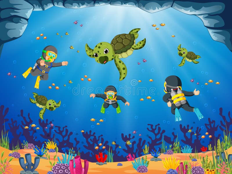 The Professional Diver are Diving with the Green Turtle Stock Vector ...