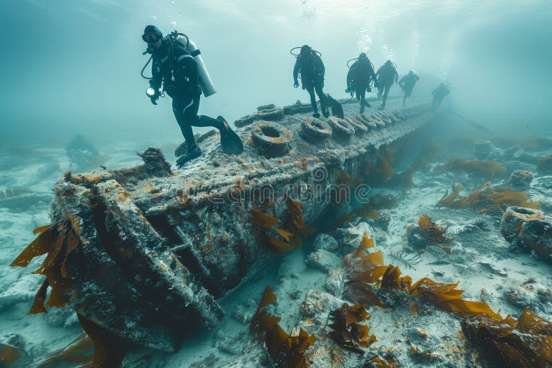 Professional Divers in Complete Scuba Gear Performing Underwater ...