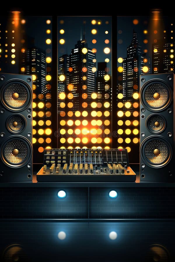 Professional DJ Mixer, Amplifier Speakers, and Cityscape with Lights ...