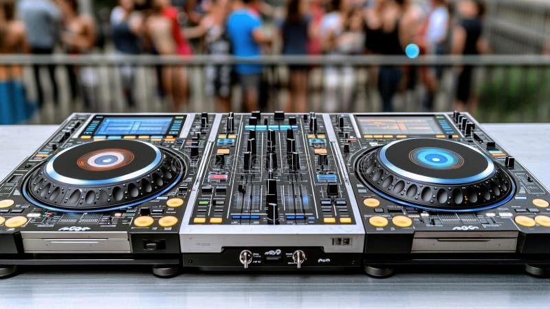 Professional DJ Mixer on Stage with Blurred Crowd in Background Stock ...
