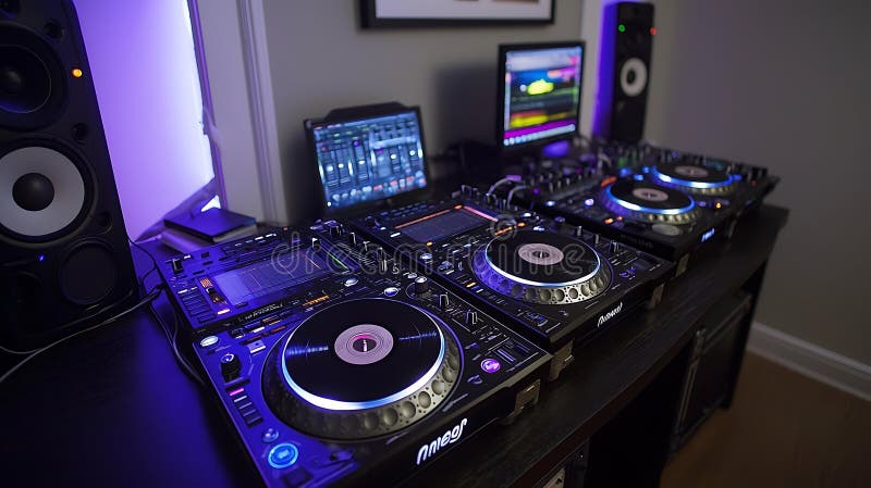 Professional DJ Setup with Turntables, Mixer, and Computer Stock ...