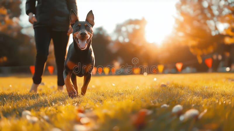 Professional Dog Behaviorist Guides a Doberman in a Sunny Park ...