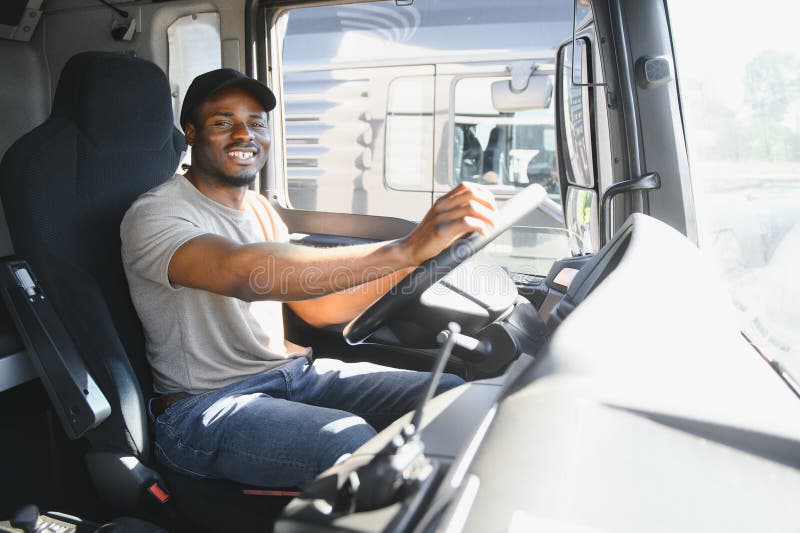 Professional Driver Sitting in Truck Cabin and Driving Stock Photo ...