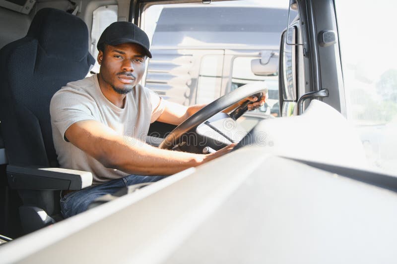Professional Driver Sitting in Truck Cabin and Driving Stock Image ...