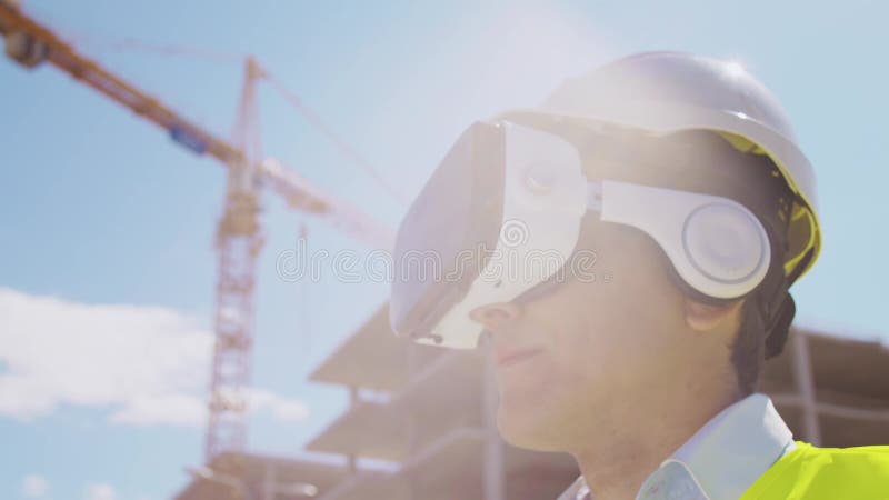 Professional Drone Operator in Virtual Reality Helmet Standing in Front ...