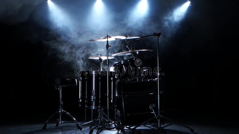 Professional Drum Set with Chair. Black Smoky Background. Back Light ...