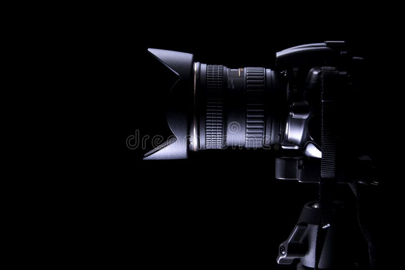 Professional DSLR Camera on Dark Background Stock Photo - Image of shot ...