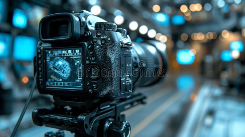 Professional Camera on Tripod in High-tech Studio with Blurred ...