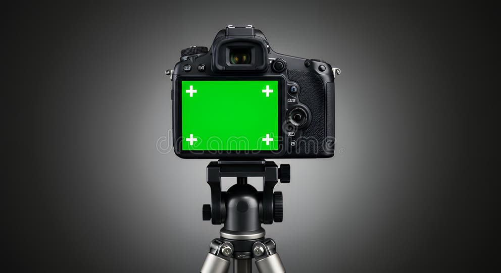 Professional DSLR Camera on Tripod with Green Screen Display Stock ...