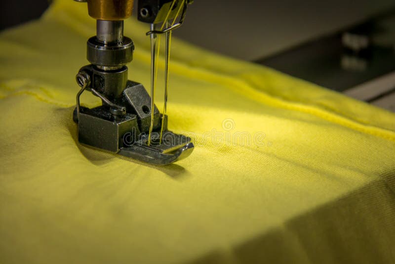 Professional Dual Needle Sewing Machine with Yellow Fabric Stock Image ...