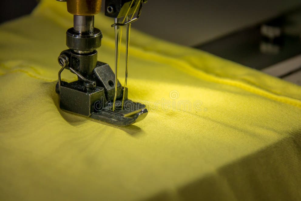 Professional Dual Needle Sewing Machine with Yellow Fabric Stock Image ...