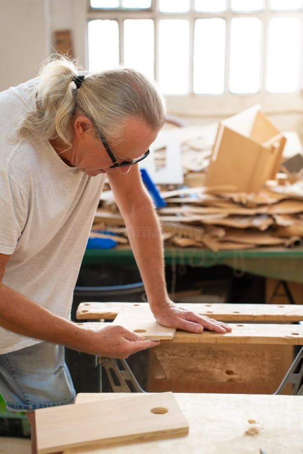 Professional Elderly Man Carpenter Artist Working on Wood Using ...