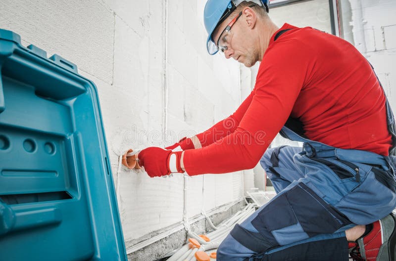 Professional Electrician Contractor Installing Electric Socket Stock ...
